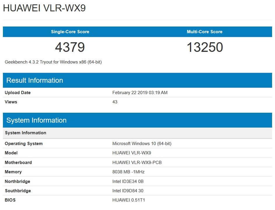 New Huawei MateBook with Model VLR-WX9 Spotted on Geekbench